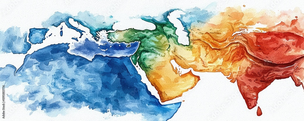 A vibrant watercolor map of the Middle East and South Asia, showcasing ...