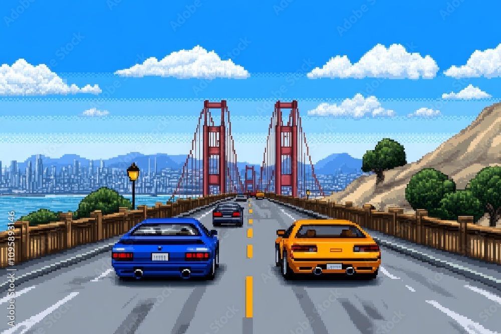 Americaâ€™s Golden Gate Bridge rendered in pixel art, with tiny cars ...