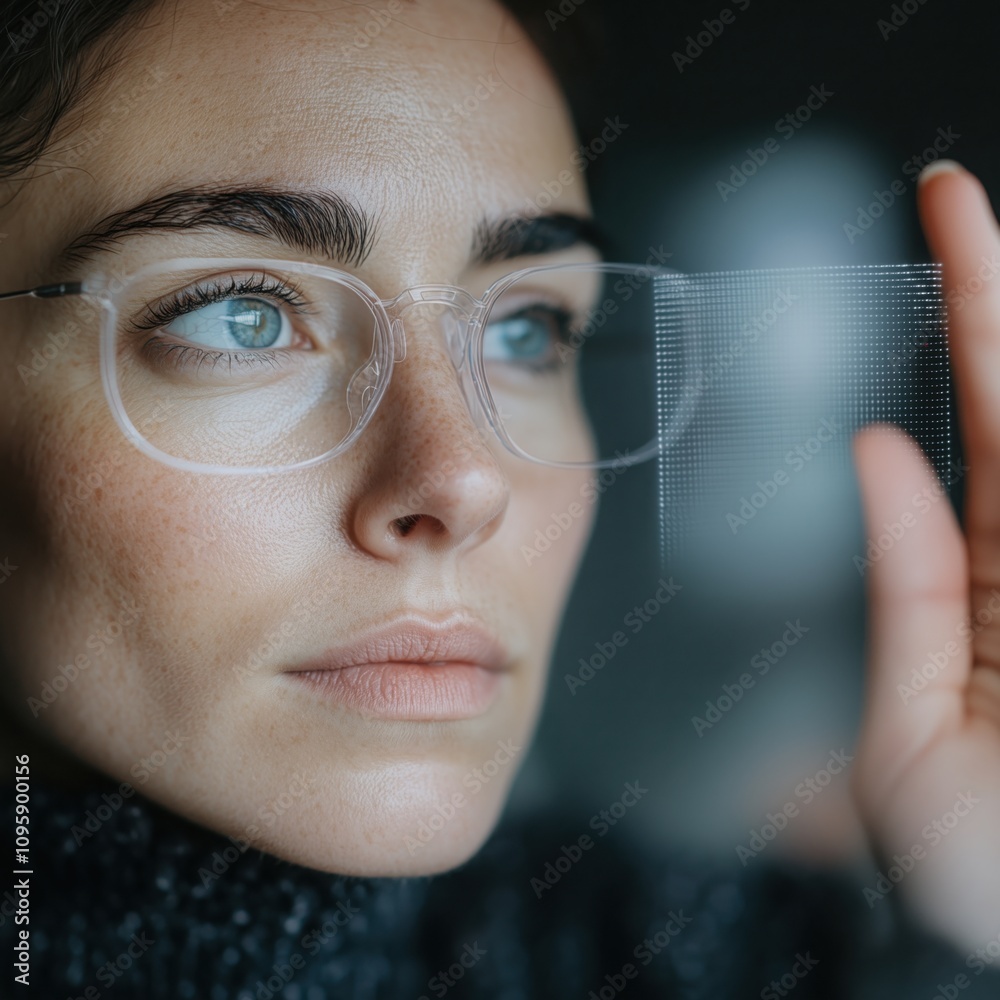 Woman with Glasses Looking Through Glass: A woman in glasses looks ...