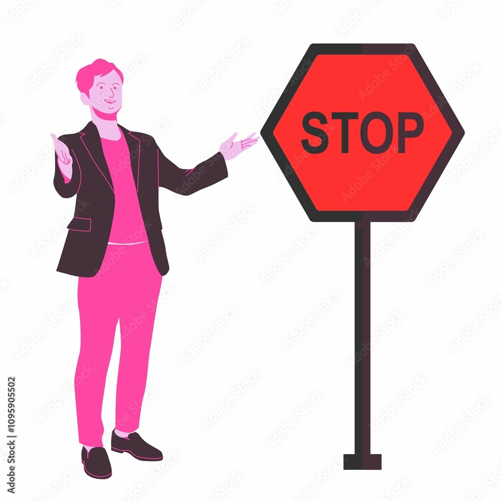 Red STOP sign icon set. Sign with hand and stop sign. Warning sign ...