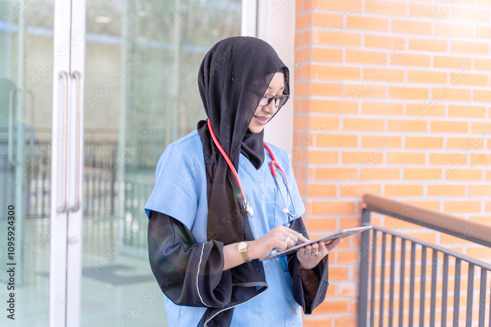 Female Muslim doctor in Abaya niqab traditional clothes works and check ...