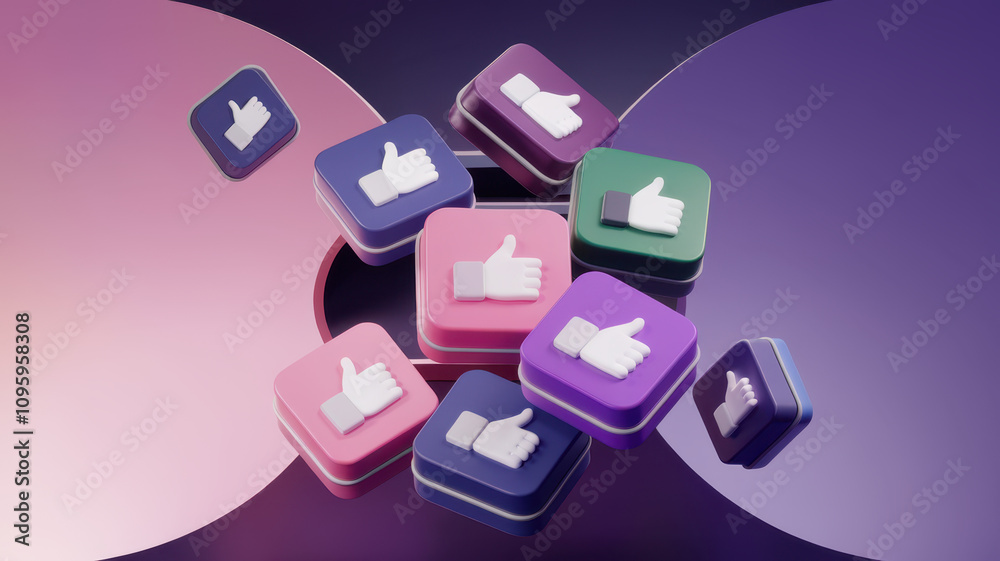 Colorful thumbs-up icons scattered in a circular arrangement ...