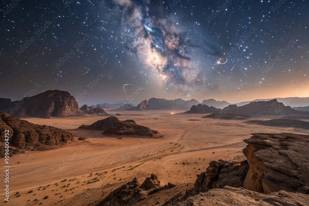 A vast expanse of Wadi Rum's rugged landscape under a starry night sky ...
