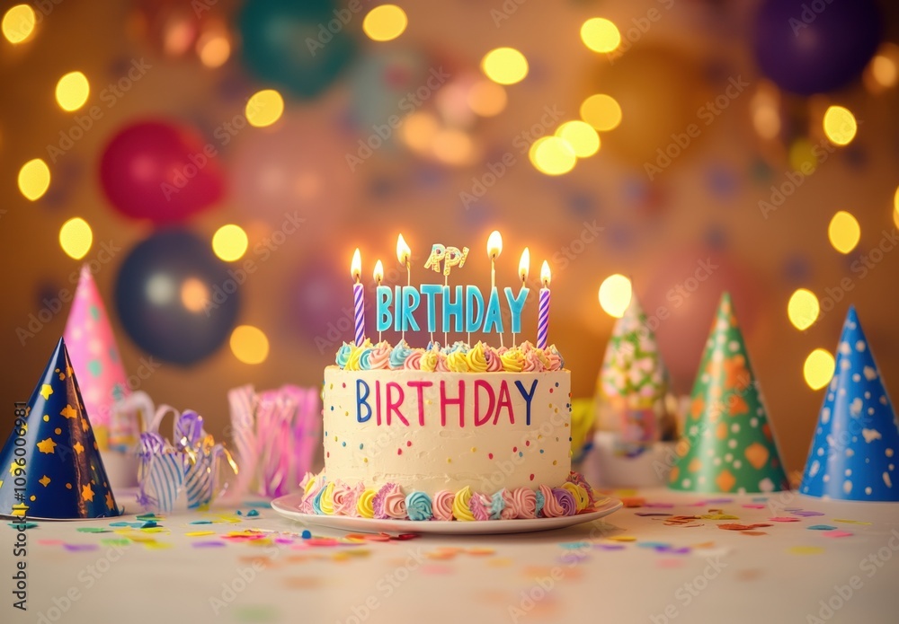 Colorful and Festive Birthday Cake Surrounded by Party Decorations and ...