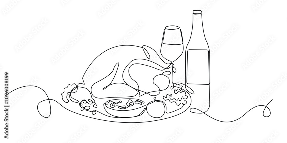 continuous line drawing of roast turkey thanksgiving diner menu.one ...