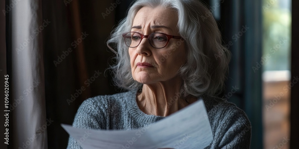 Sad female pensioner holding paper expresses deep emotions. This image ...