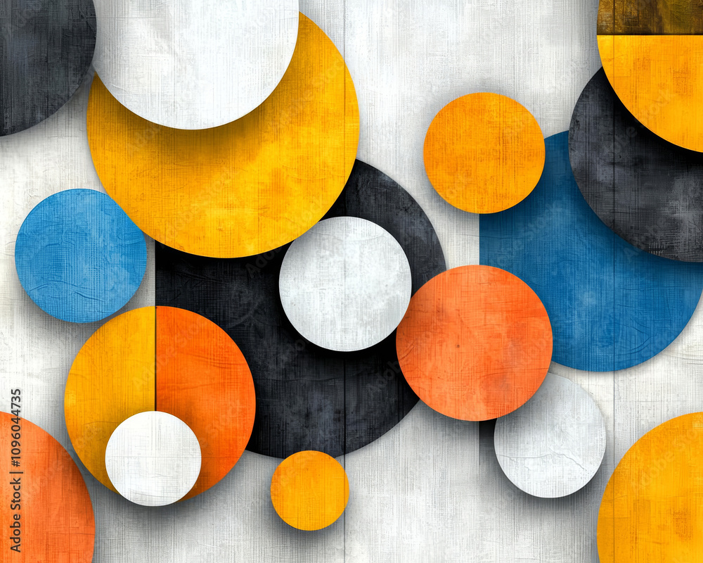 Colorful abstract circles on textured background create vibrant design. interplay of yellow ...