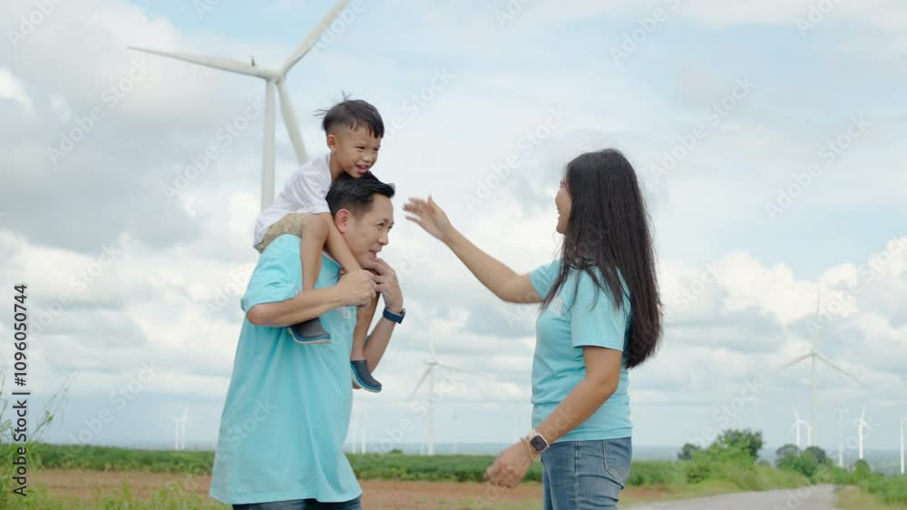 Happiness family walking wind turbine farm while father piggyback of ...