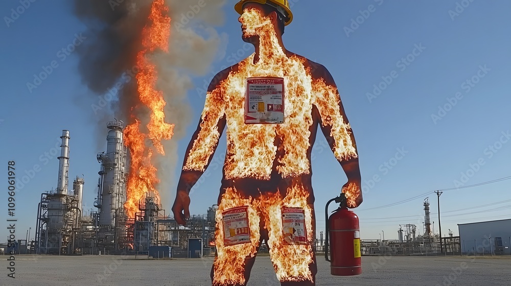 A man's body, with clothing elements like a fire extinguisher and a ...