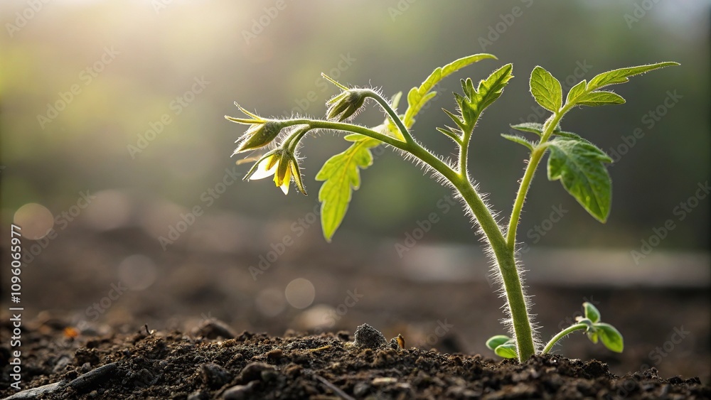Tomato seedling with first flower bud formation, botanical illustration ...