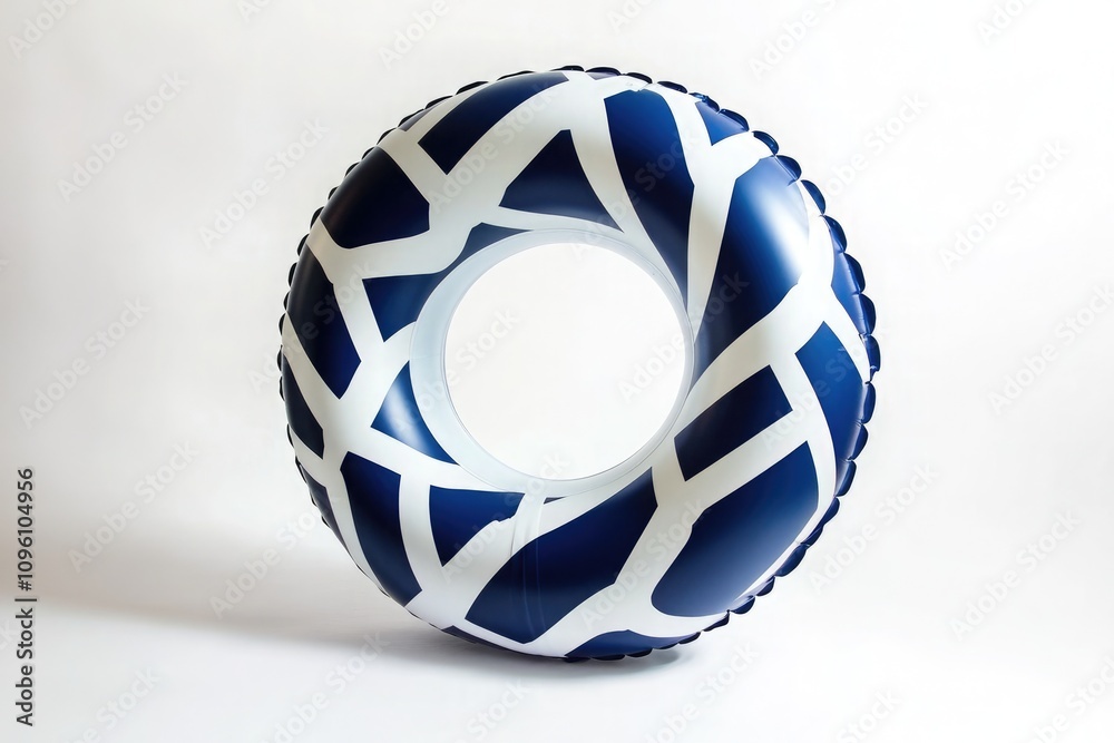 A blue and white inflatable swimming ring, with the design of geometric ...