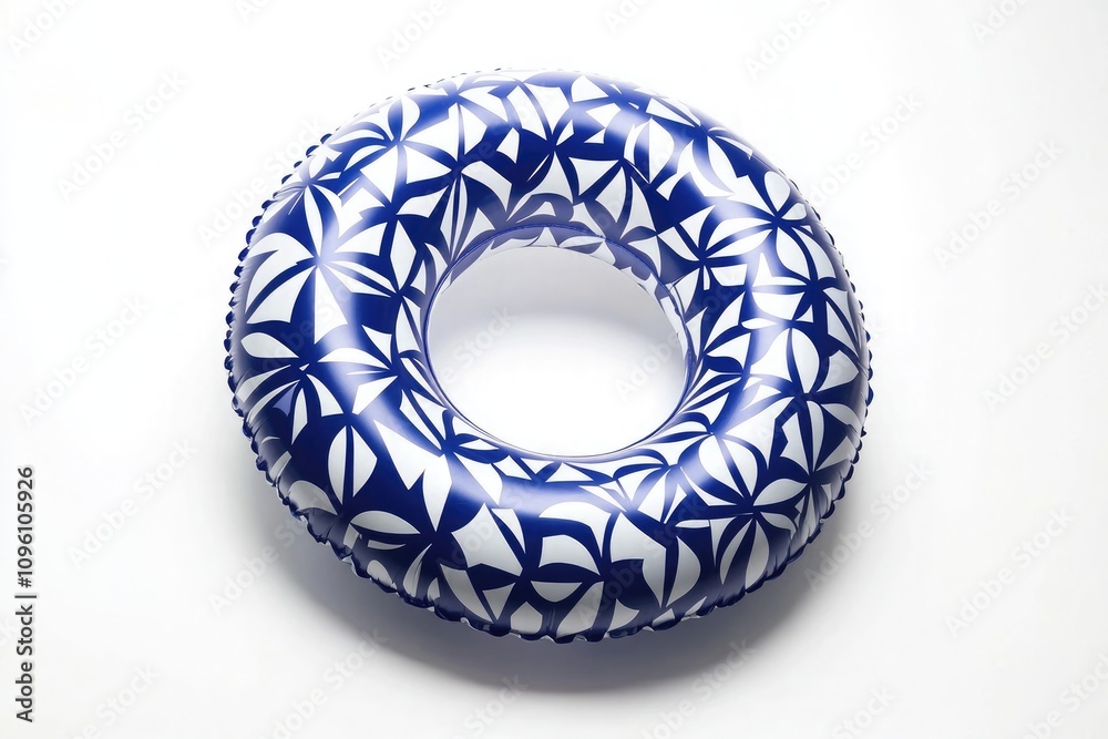 A blue and white inflatable swimming ring, with the design of geometric ...