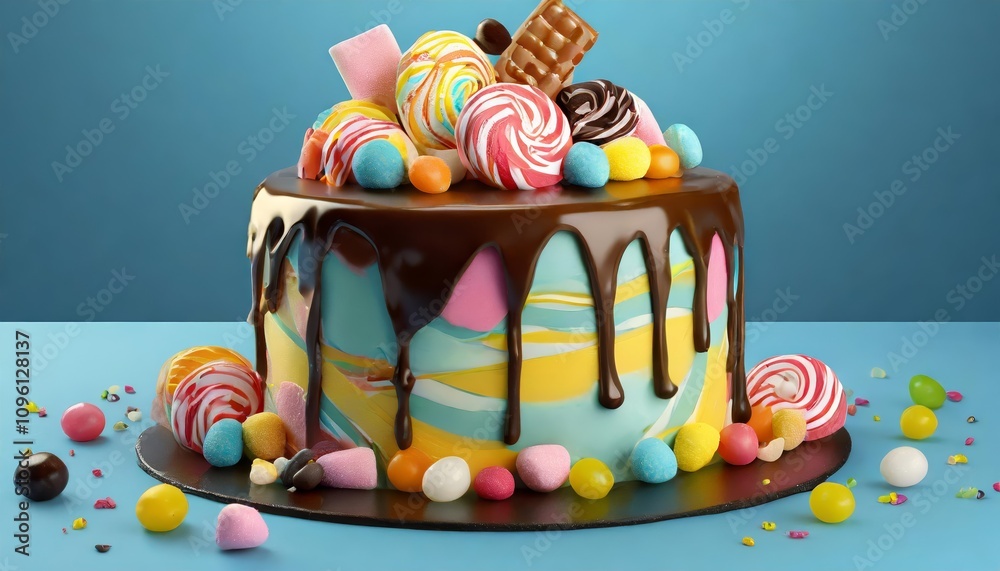 Vibrant Birthday Cake Overflowing with Sweets and Chocolate Drizzle ...