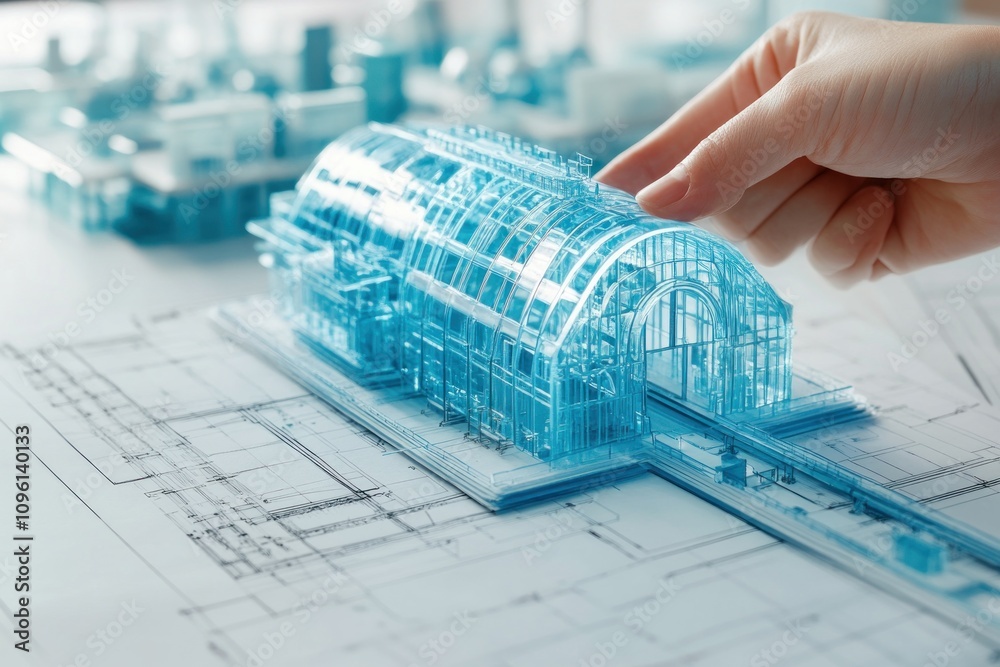 A hand interacts with a translucent model of a building on ...