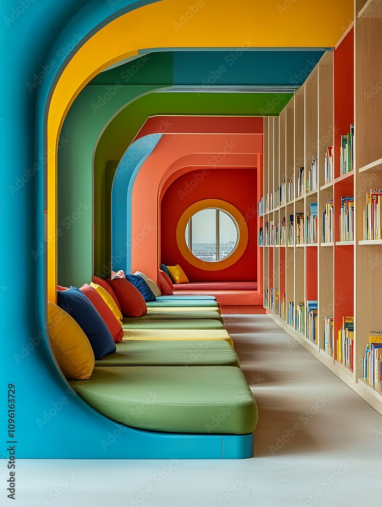 Colorful and Curvilinear Library Reading Nook with Built-in Seating and ...