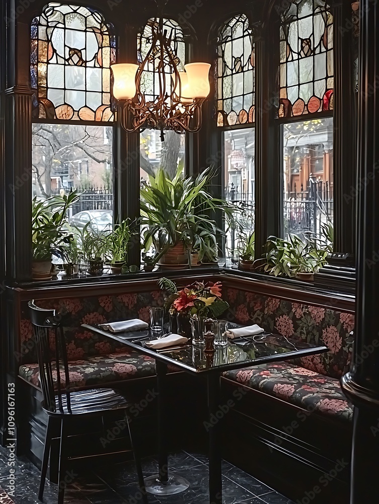 Romantic restaurant booth with stained glass windows and floral ...