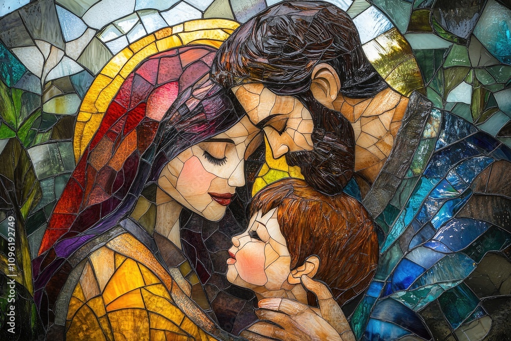 Holy family embracing in stained glass window, depicting love and unity ...