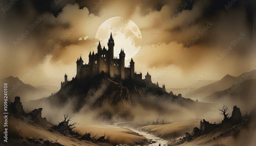 Watercolor painting of dark crumbling castle in misty valley with ...