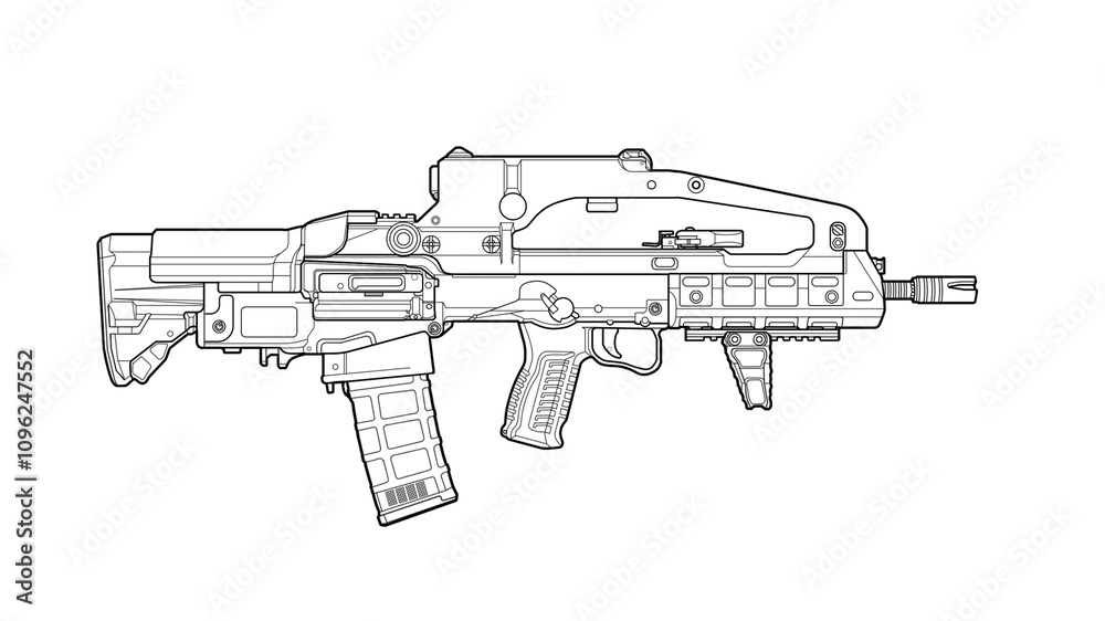 lineart line art side view of upgraded usa vhs 2 bullpup assault rifle ...