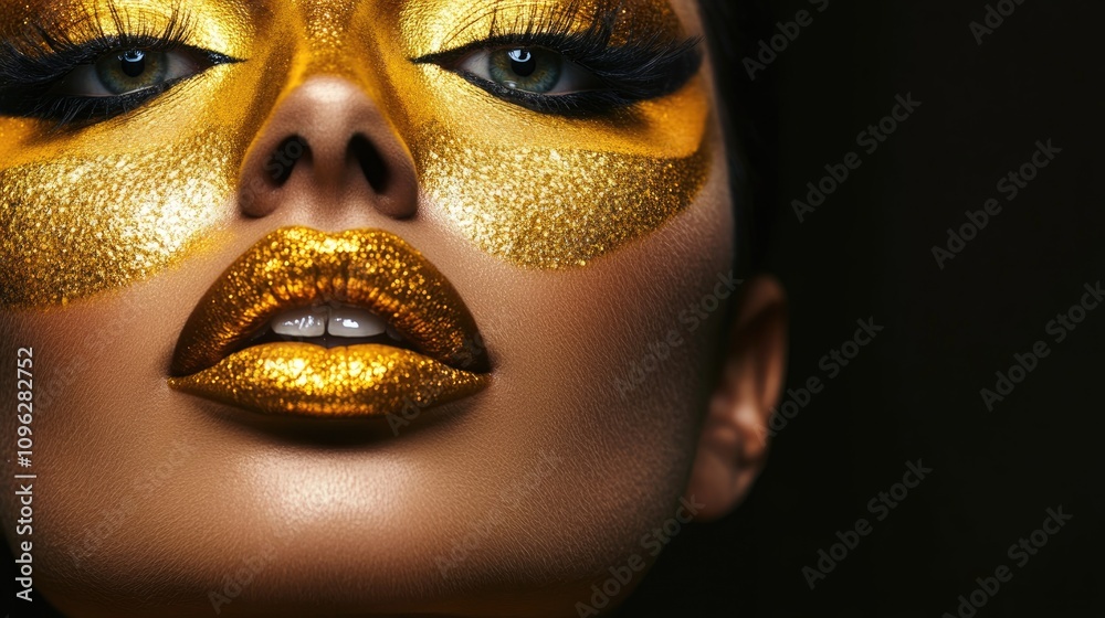 Drag queen with dramatic golden makeup and a proud expression ...