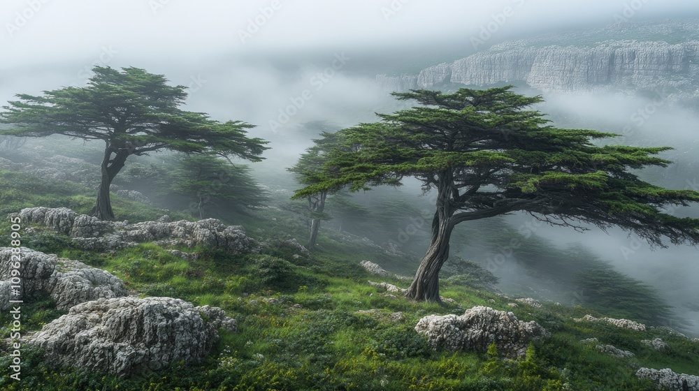 Misty cedar forest showcasing rare Cedrus libani trees enveloped in fog with dramatic ...