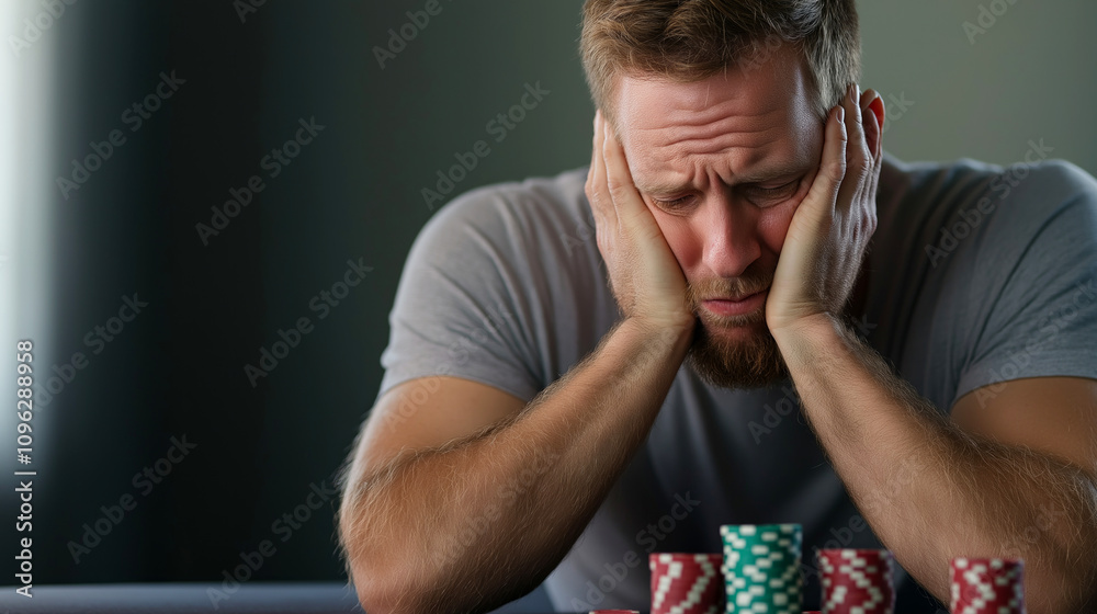 Poker player looks distressed after losing all chips in a game, with ...