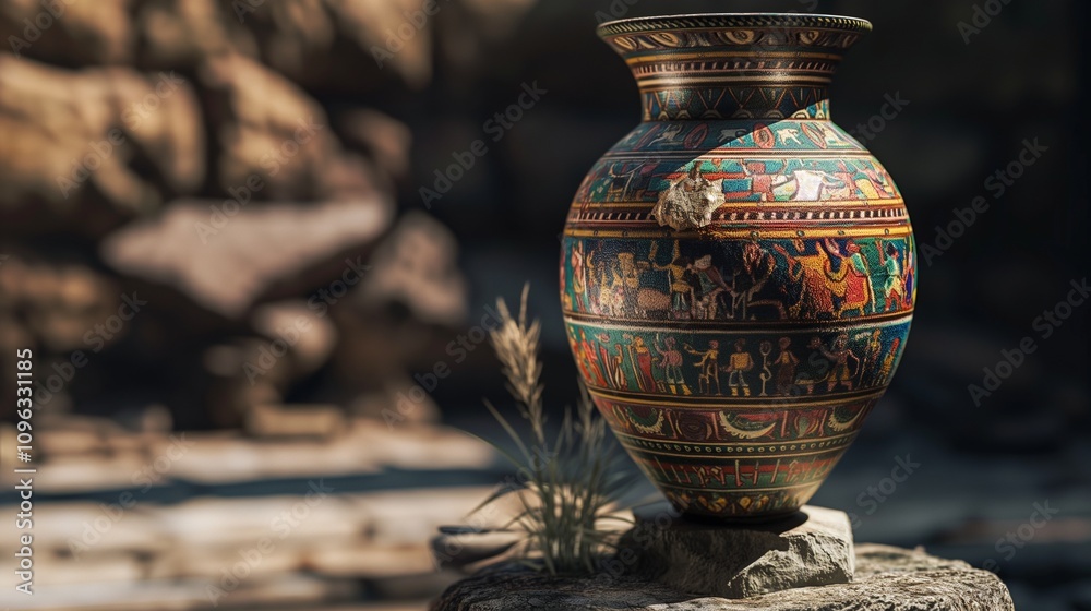 A beautifully decorated, ancient pottery vase with vibrant colors and ...