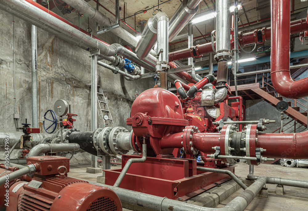 Fire protection system of Condominium. Red generator pump for water ...