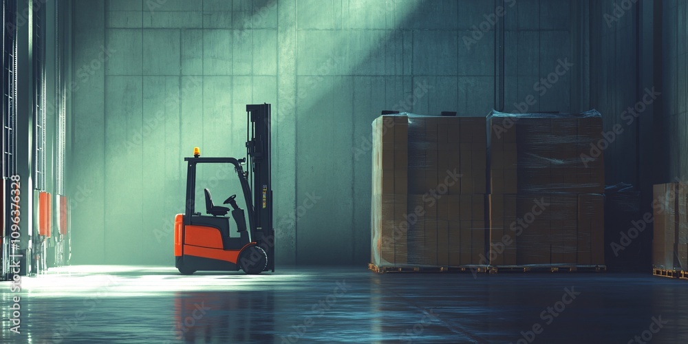 Modern forklift in industrial warehouse with stacked boxes and loading ...