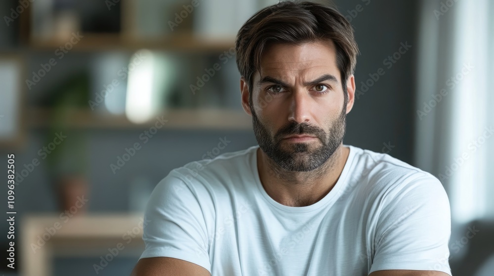 Man in a white shirt with a serious expression, eyes focused back at ...