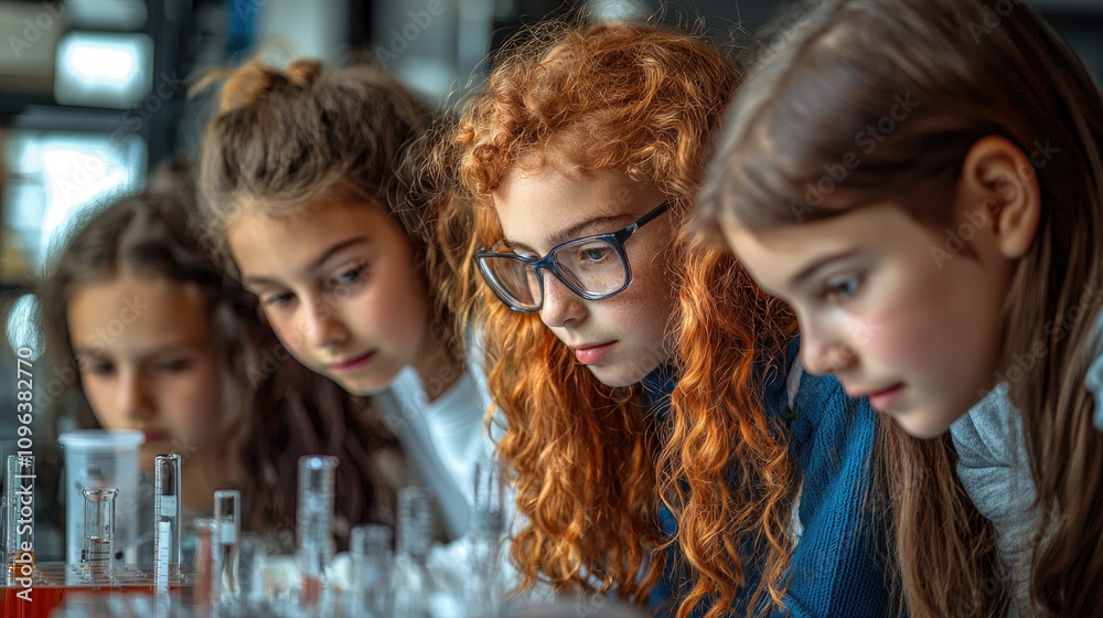 Girls students in lab of school, teenage children and test tubes in ...