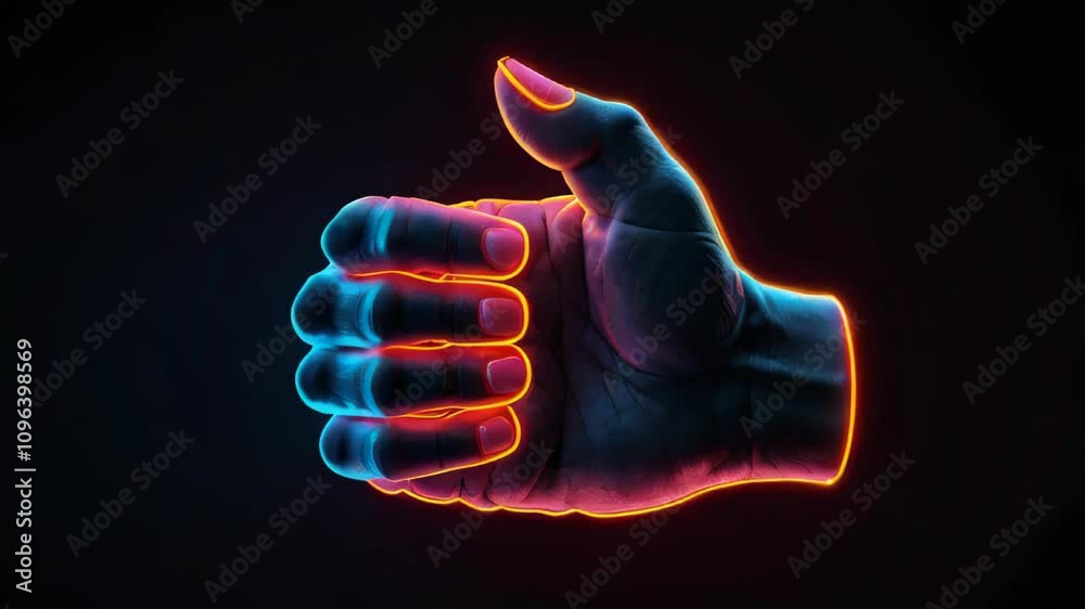 Neon thumb up sign animation. glowing thumb up sign blink animation ...