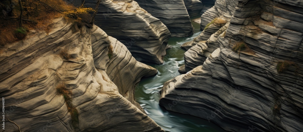 Natural rock formations and winding river amidst scenic ravines ...