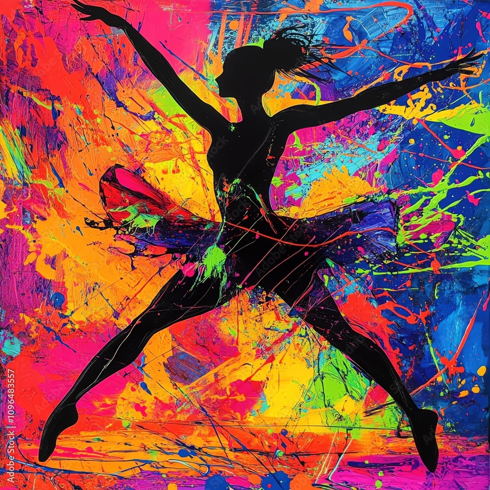 Art and Dance of a dancer s outline overlaid with splashes of vibrant ...