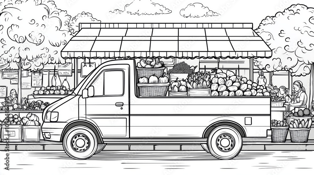 Coloring page of Detailed Line Art of a Delivery Truck at a Busy Market ...