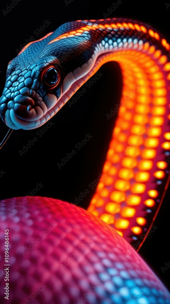 Brightly colored snake coiling around a glowing orb in a dark ...