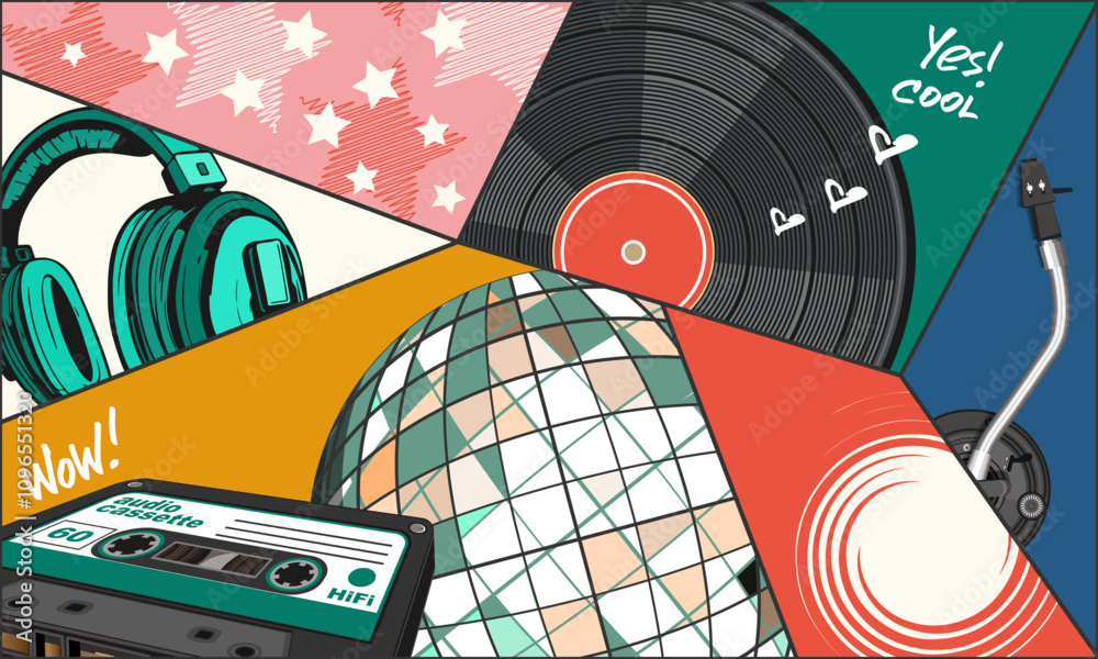 Fantasy collage with vinyl record, disco ball, audio cassette ...