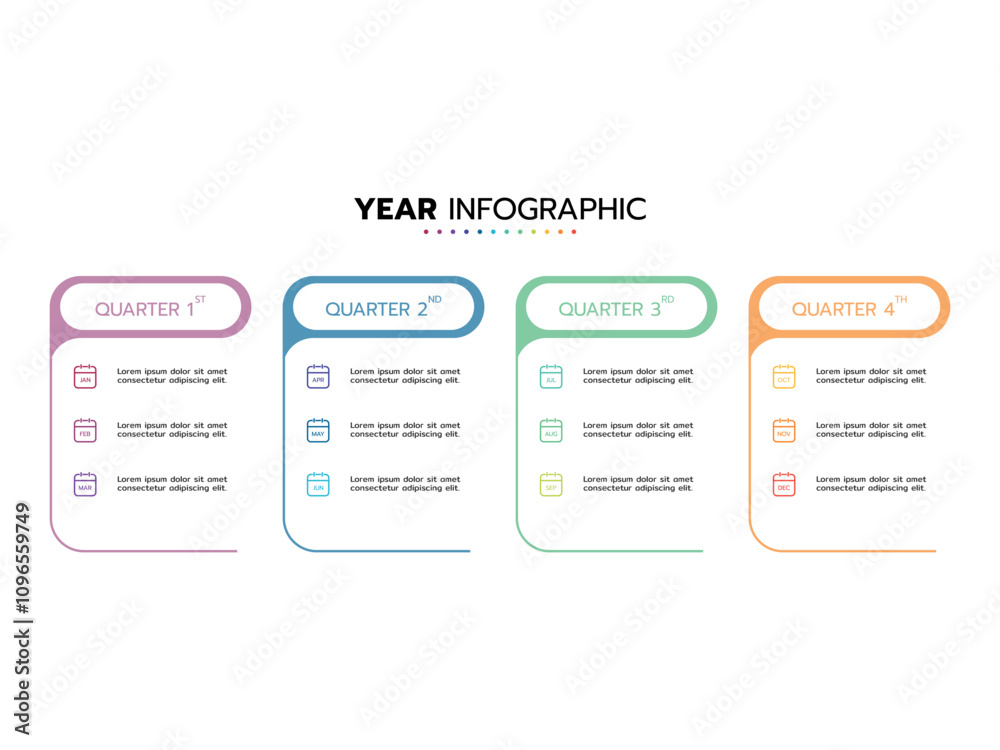 Year planner calendar with 12 months and 4 quarters. Concept business ...