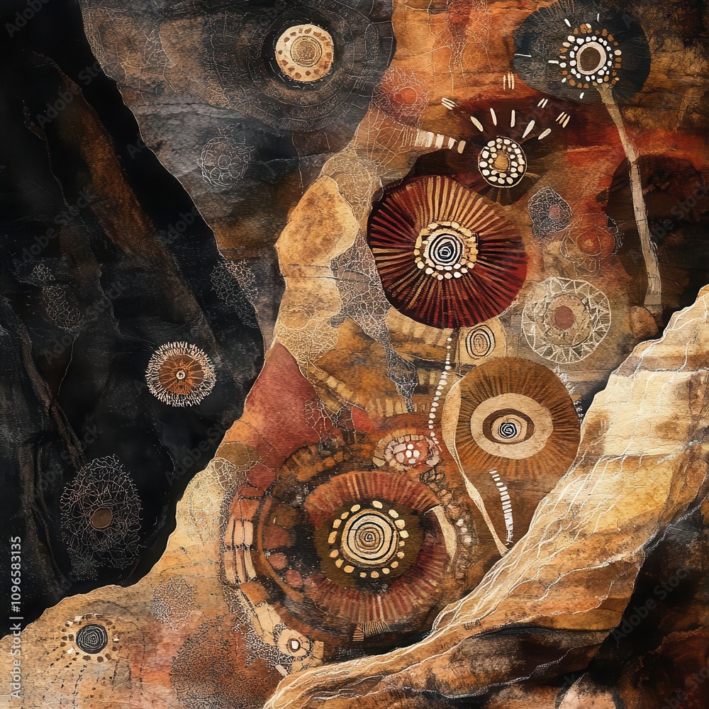 Indigenous Australian rock art, rich earthy tones, ancient patterns ...