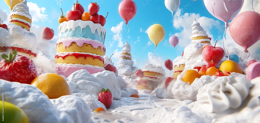 Whimsical landscape of giant cakes, balloons, and fresh fruit. A dreamy ...