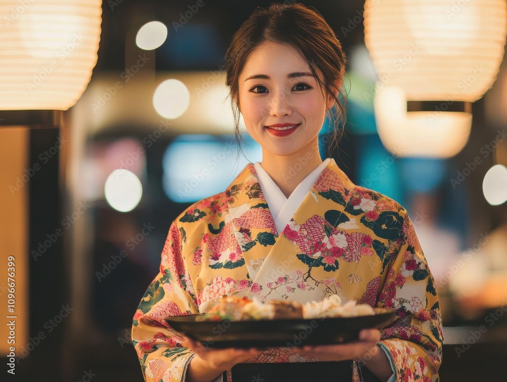 Cultural experience sushi presentation by a smiling hostess in a modern ...
