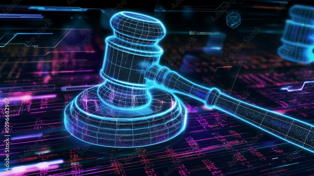 A futuristic digital gavel with a laser-etched handle and a holographic ...