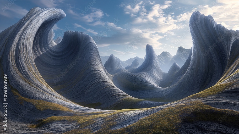A surreal landscape where mountains twist and curve into impossible ...