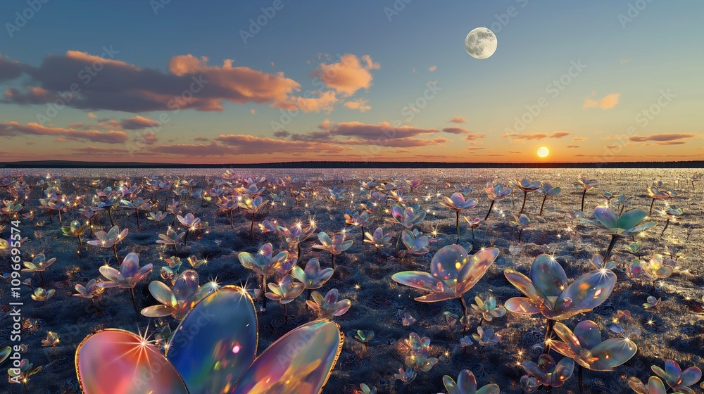 A vast field of flowers with petals made of tiny mirrors, reflecting a ...