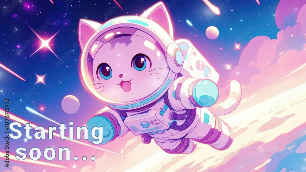 cute cat joyfully floating among stars in space starting soon stream ...
