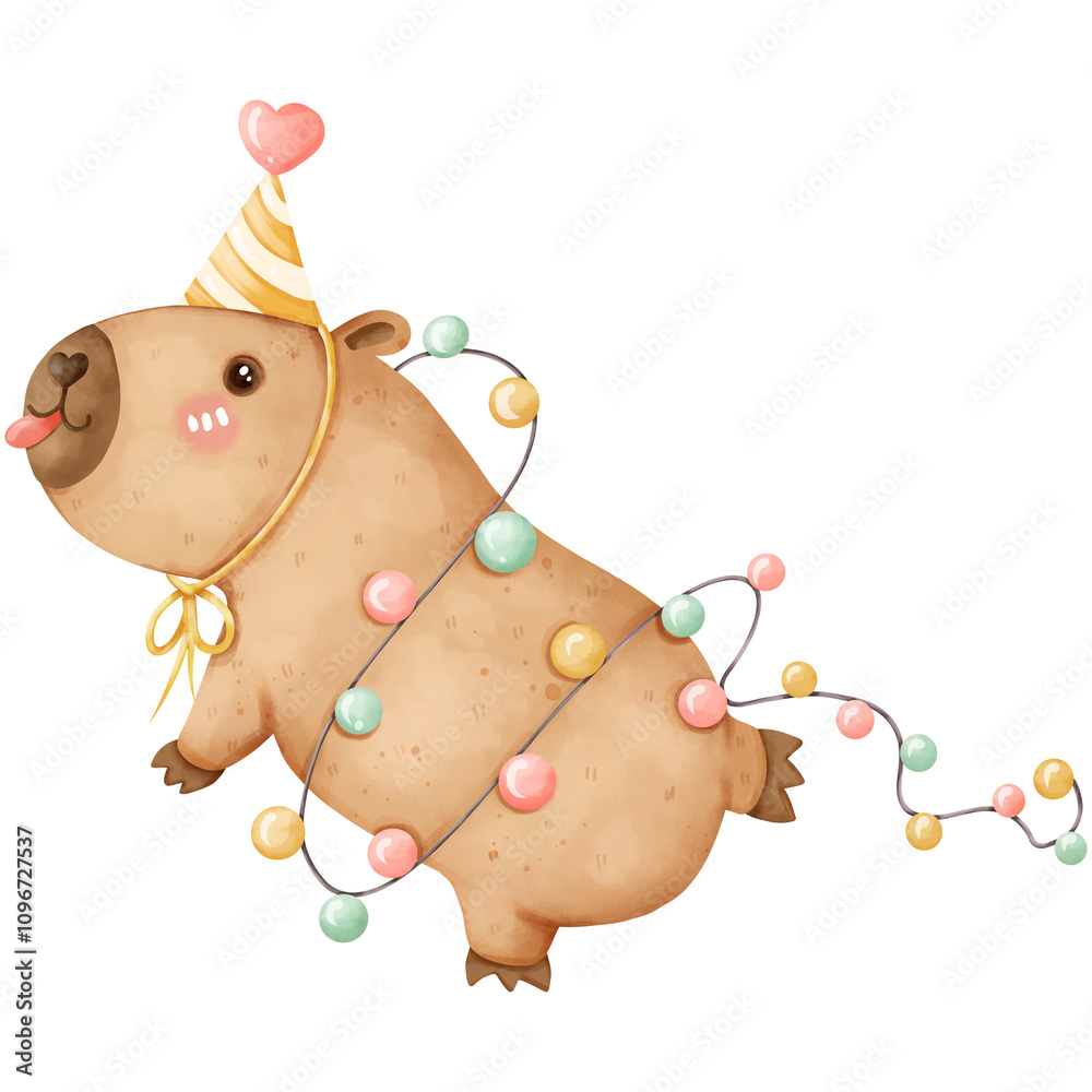 Cartoon capybara on birthday party, hand drawn watercolor Stock ...