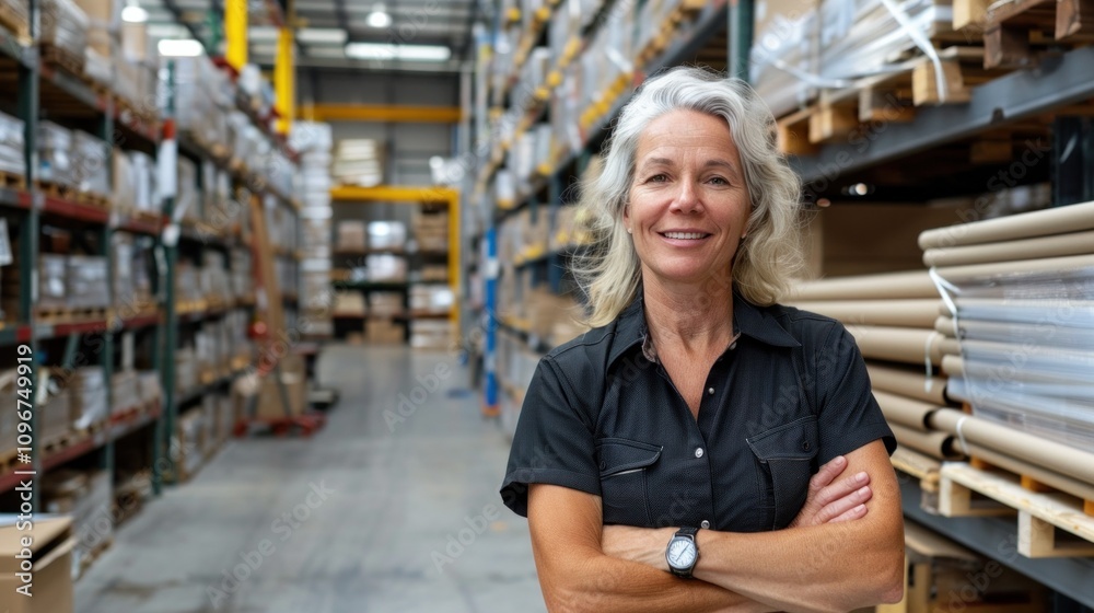 Confident female warehouse manager posing in an organized storage ...