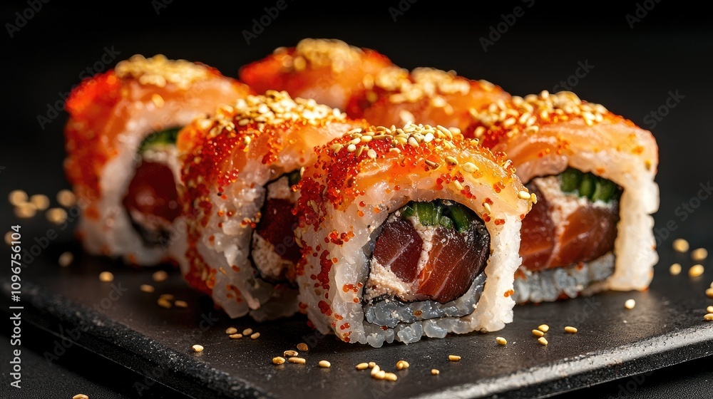 Cinematic, sushi roll with spicy tuna, close-up shot, vibrant colors ...