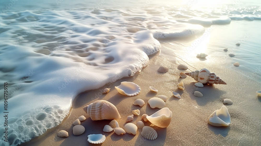 A peaceful beach scene with seashells scattered on the sand and gentle ...