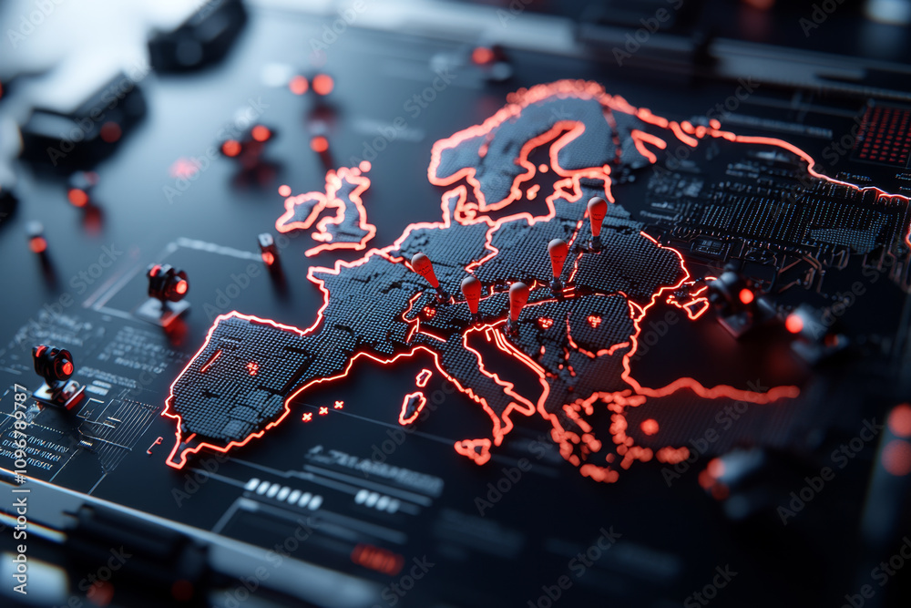 European Map with Red Geopolitical Markers and Digital Interface Stock ...
